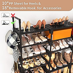 ROJASOP Large Shoe Rack Organizer for Entryway Closet 64-68 pairs 9-Tier Heavy Duty Tall Garage Shoe Rack Shoe Shelf Shoes Storage with 18 Pcs Removable Side Hooks for Bedroom and Garage Black