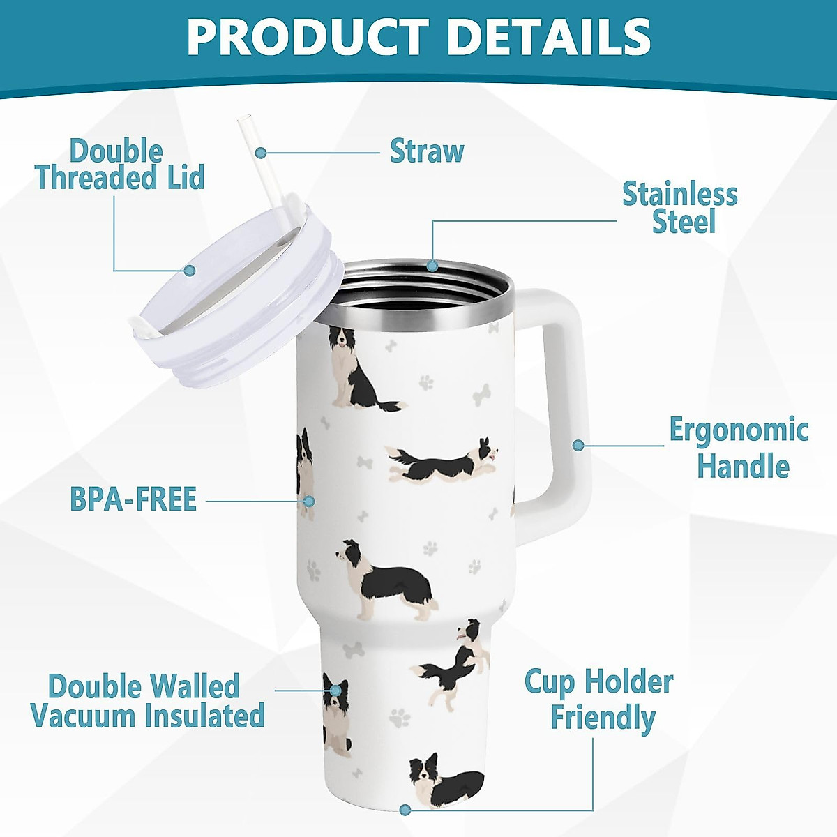 MCHIVER Border Collie 40 oz Tumbler with Handle and Straw Stainless Steel Vacuum Water Bottle Leak-proof Travel Coffee Mug Insulated Water Bottle for Home Car Office