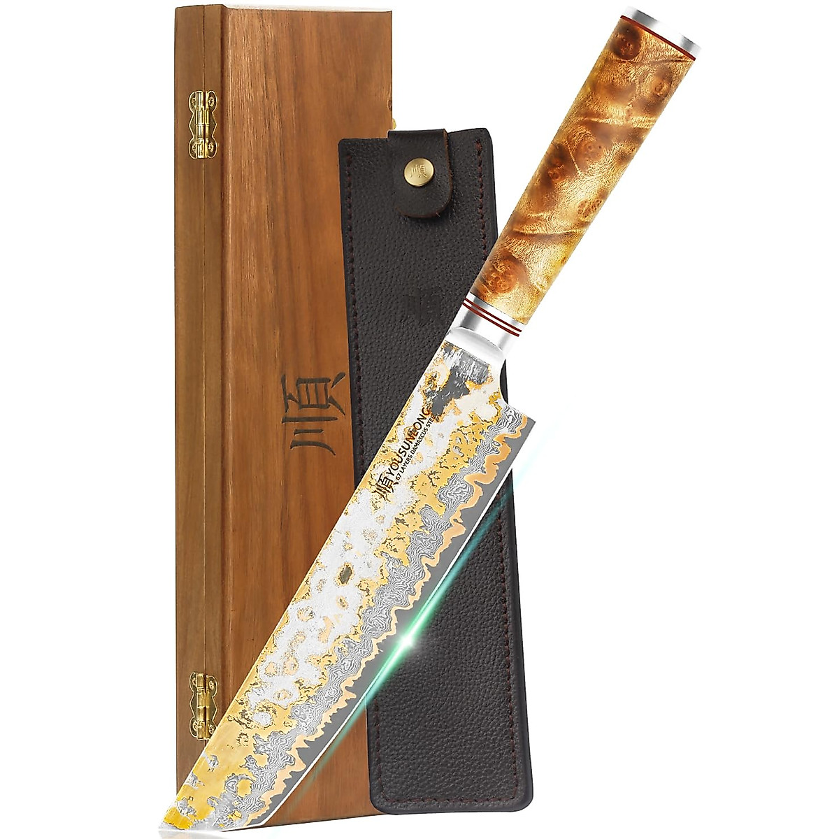 YOUSUNLONG Tanto Kitchen Knife - 8 Inch Japanese Handmade Chef Knife - Razor Sharp Copper Damascus Steel Blade - Cleaver Carving Knife - Naturel Burl Wooden Handle with Leather