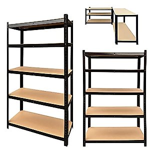 5-Tier Adjustable Heavy Duty Storage Shelving Unit, 70H x 35W x 16D inch Garage Storage Shelves Metal Shelving Unit, MDF Rack Storage Shelving Unit Organizer Shelves for Office Garage Kitchen (Black)