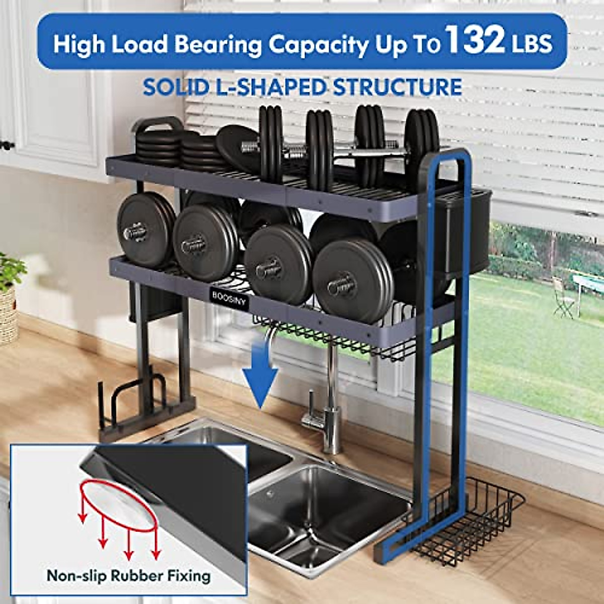 BOOSINY Over The Sink Dish Drying Rack, 2 Tier Stainless Steel Large Adjustable Kitchen Dish Drainer, Home Storage Organizer Shelf Above Counter with 6 Hooks