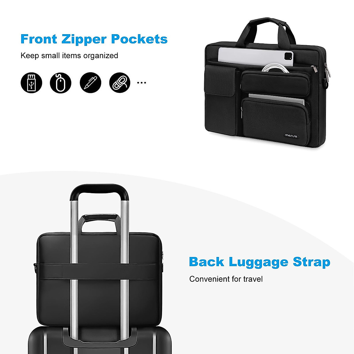 MOSISO Laptop Shoulder Bag Compatible with MacBook Air/Pro,13-13.3 inch Notebook,Compatible with MacBook Pro 14 inch M4 M3 M2 M1 with 2 Raised&1 Flapover&1 Horizontal Pocket&Handle&Belt, Black