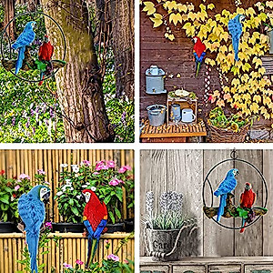 Sunnyway Hanging Parrots for Patio Resin Parrot Hanging Statue Garden Decor Perch Bird Macaw Sculpture On Metal Ring for Patio Lawn Home Garden Tree Decoration Animal Landscape Ornament (Blue&Red)