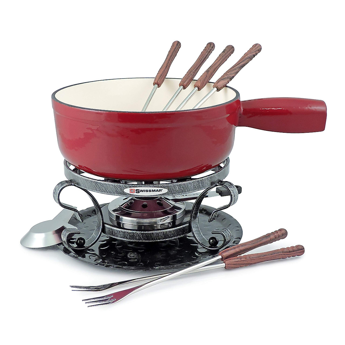 Swissmar KF-66517 Lugano 2-Quart Cast Iron Cheese Fondue Set, 9-Piece, Cherry Red