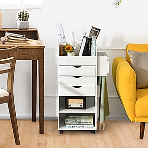 Tangkula Rolling Storage Drawer Cart, Wooden Utility Cart w/ 3 Drawers, 3 Shelves, 3 Slots and 2 Dowels, Organizer Cabinet w/Lockable Casters, Mobile Cart for Study, Living Room, Office, White