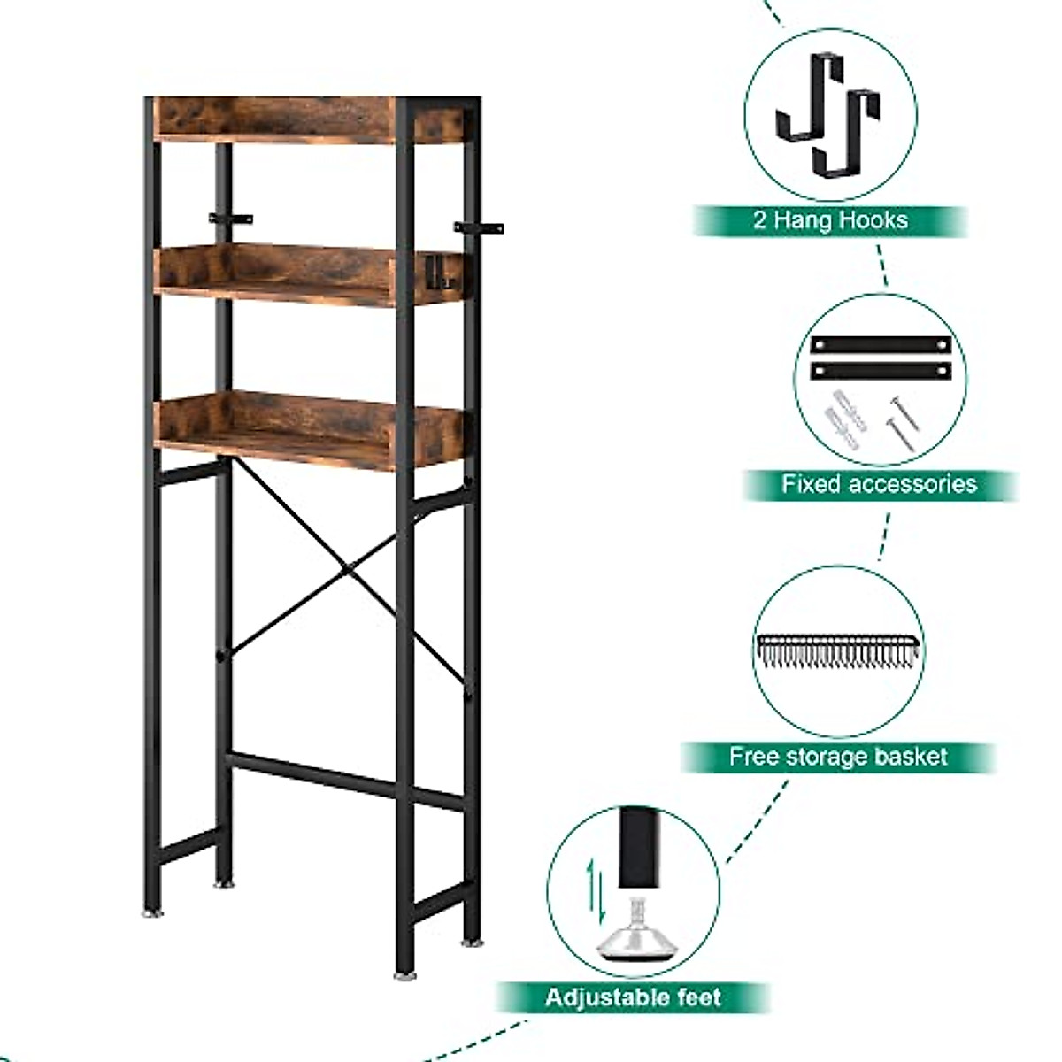 NicQliear Over The Toilet Storage Rack - 3-Tier Bathroom Organizer Shelf Over Toilet - Bathroom Space Saver Above The Toilet with 2 Hooks and 1 Toilet Paper Storage - Rustic Brown