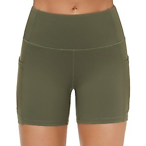 THE GYM PEOPLE High Waist Yoga Shorts for Women's Tummy Control Fitness Athletic Workout Running Shorts with Deep Pockets (Small, Olive Green)