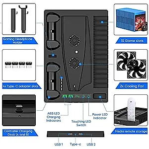 Cooling Fan Vertical Stand for Playstation 5 Console and Digital Edition, Controller Charging Station Dock for PS5 Dualsense Controller with Led Indicators and 15 Game Slots
