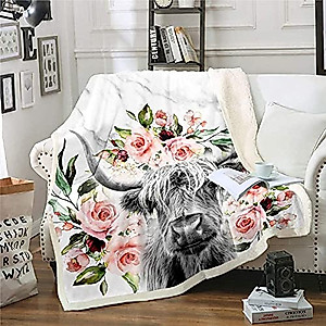 Erosebridal Highland Cow Flower Flannel Blanket Bull Cattle Sherpa Blanket Western Cowboy Funny Animal Throw Blanket Wildlife Farmhouse Cow Bed Blanket Rose Grey Marble Plush Blanket Throw 50"x60"