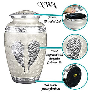 Custom Engraved Angel Wings Funeral Cremation Urn with Velvet Bag (Pearl White, Large)