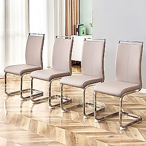 Baysitone Modern Dining Chairs Set of 4, Side & Kitchen Chairs with Silver Frame, Faux Leather Padded Seat High Back, for Dining, Kitchen & Living Room, Champagne