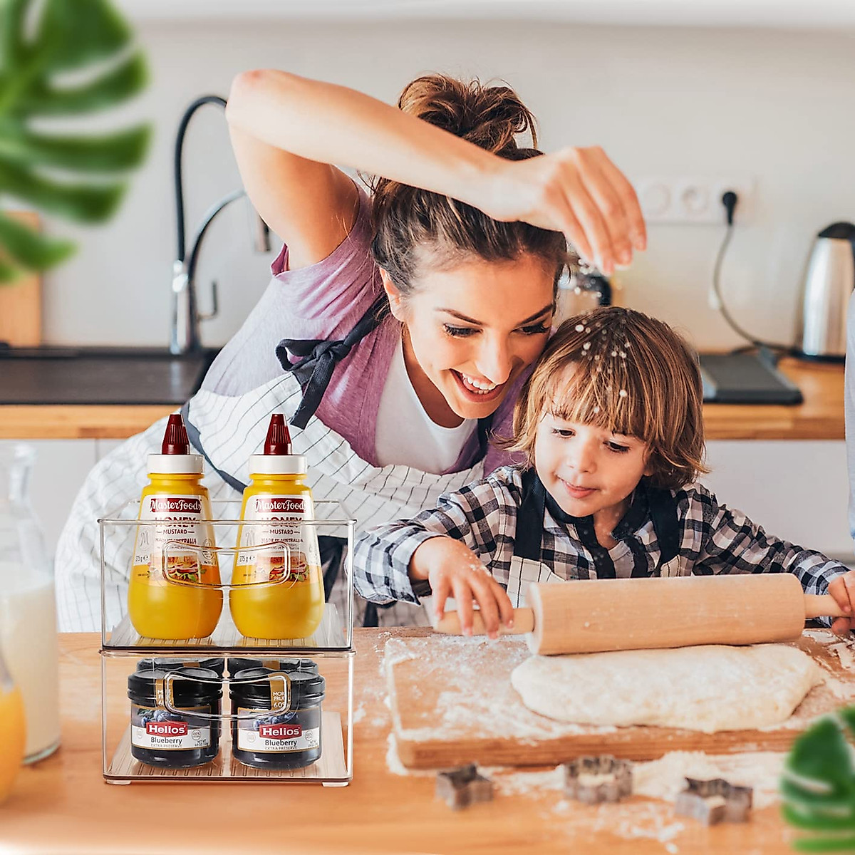 Hudgan Stackable Pantry Organizer Bins (3 Large and 3 Medium) - Clear Plastic Storage Container for Home Edit and Cabinet Organizers