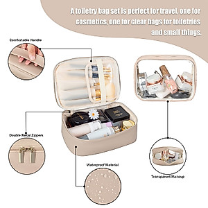 rewhaw 2Pack Travel Makeup Bag Beige Cosmetic Bags for Women Clear Toiletry Bags Cosmetic Bags for Women Make up Travel Bags Organizer for Girls,Makeup Bag Set of 2