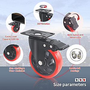 5 Inch Caster Wheels with Brake, Casters Set of 4 Heavy Duty 2000LBS, Safety Dual Locking Industrial Casters, Polyurethane Foam No Noise Wheels for Cart, Workbench(Two Hardware Kits Provided)