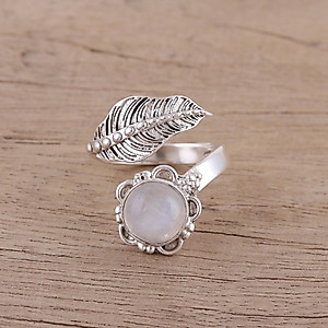 NOVICA Artisan Handmade Rainbow Moonstone Wrap Ring Leafshaped from India Sterling Silver Clear Cocktail Tree [ring Front 0.9 in L x 0.9 in W x 0.4 in H Band Width 3 mm W] ' Forever Natural'