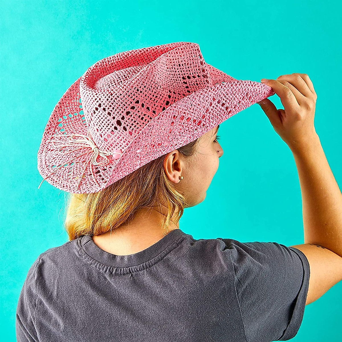 Zodaca Pink Cowboy Hat for Women - Pink Straw Beach Hat, Cute Cowgirl Hat with Beaded Heart Trim and Braided Chain (Adult Size)