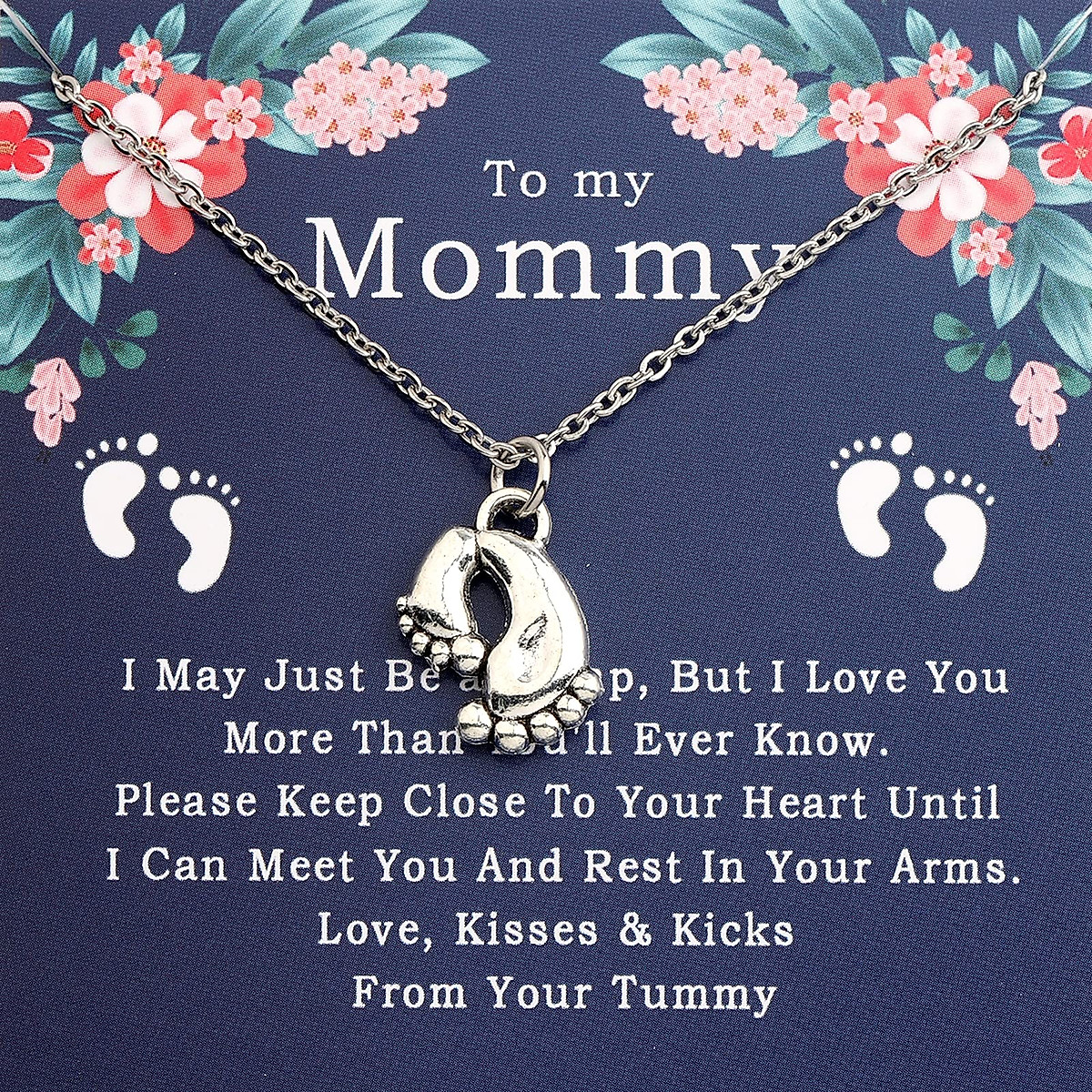 WSNANG First Time Mom Pregnancy Gift Necklace with Message Card Feet Footprints Pendant Necklace for Expecting Mom (Feet Bump NL Card)