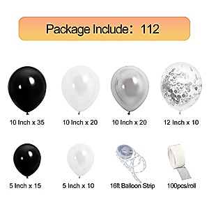 Black Silver White Balloons Garland Arch Kit, 112Pcs Black White and Metallic Silver Confetti Latex Balloons Party Decorations for Birthday Graduation Wedding Bridal Shower Theme Decor