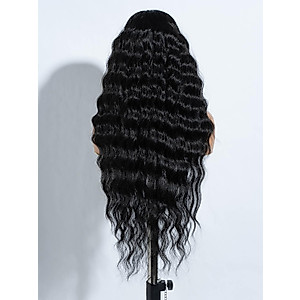 Joedir Lace Front Wigs 30" Long Wavy Synthetic Wig 4.5" Deep Part HD Transparent Lace With Baby Hair For Women 130% Density Wigs(Black Color)