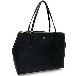 Tory Burch Women's Emerson Double Zip Tote Saffiano Leather With Gold Tone Hardware (Black Gold)