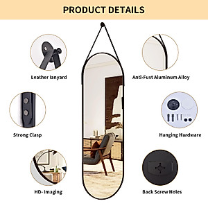 XRAMFY 16''x48'' Full Length Mirror with Hanging Leather Cord,Modern Aluminum Frame Full Body Hanging Mirror for Bathroom Vanity Living Room Bedroom Entrance