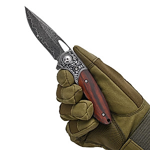 Siitivien ST205 Damascus Steel Folding Knife, VG10 Core Blade, Desert Ironwood+CNC Precision Carving Handle Pocket Knife, EDC Tatical Tool Knife for Outdoor, Camping, Hunting, Hiking, Survival … …