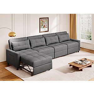 Aiho Pull Out Couch - 4-Seater Sectional Sleeper Sofa, Convertible with Adjustable Backrest & Spring Support for Living Room, Dark Grey