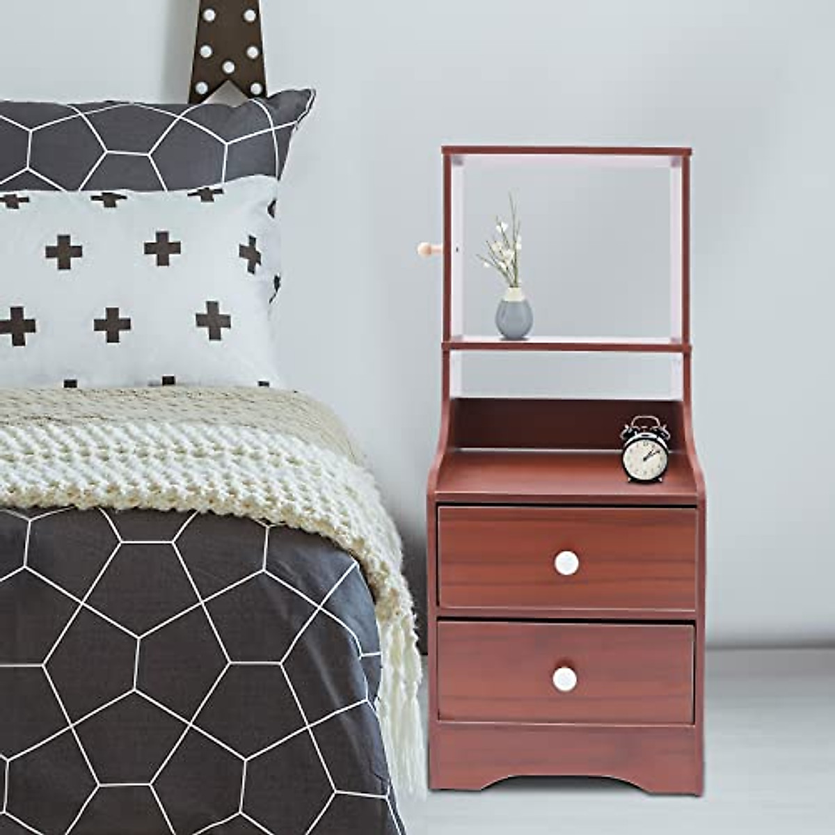 Eapmic 2 Drawers Dresser with Top Cabinet Storage, Nightstand End Bedside Table Storage Cabinet Chest of Drawers with Open Shelf, Wide Storage Space for Home Office,White (2 Drawers,Brown)