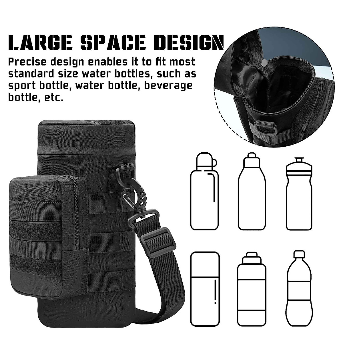 Molle Water Bottle Pouch, Tactical Black Water Holder Carrier with Pocket Stap for Hiking Camping