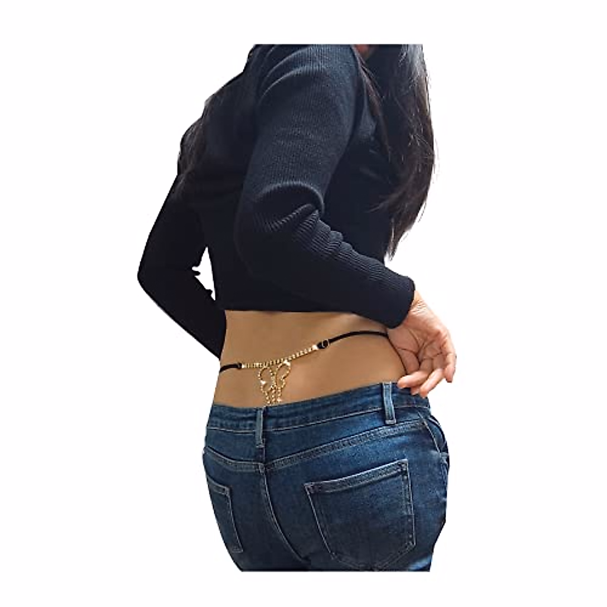 Eyraevor Women Sexy Crystal G-string Thong Rhinestone T Back Belly Waist Chain Underpants Mini Underwear Body Jewerly (Butterfly-Gold)