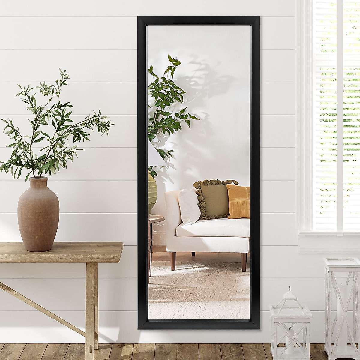 Elevens Full Length Door Mirror 43"x16" Large Rectangle Wall Mirror Hanging or Leaning Against Wall for Bedroom, Dressing and Wall-Mounted Polystyrene Frame Mirror-Black(No Stand), JJ01002AAF-USAM004