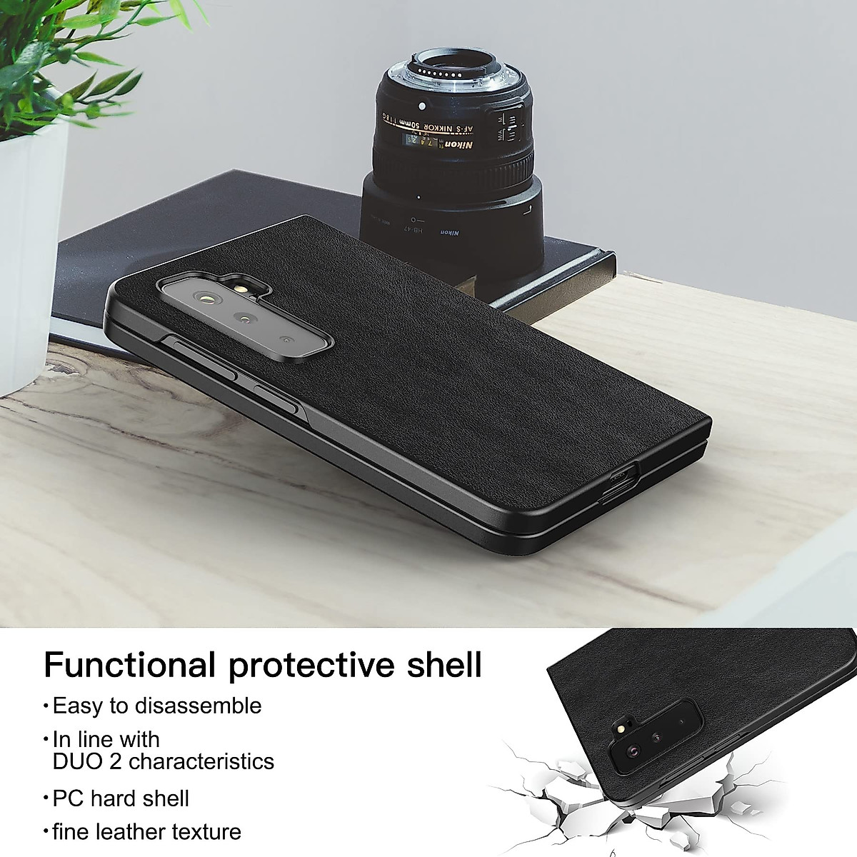 Foluu for Microsoft Surface Duo 2 Case, Surface Duo 2 2021 Leather Case, [Slim & Lightweight] PU Leather Back Cover Hard PC Durable Protective Phone Case for Microsoft Surface Duo 2 2021 (Black)