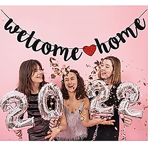 Welcome Home Banner Welcome Back Party Decorations Black Glitter Home Party Sign Decors Banner for Military Army Homecoming Party Decorations, Family Theme Party Supplies