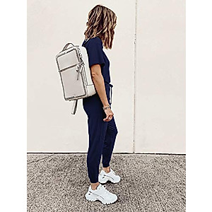 PRETTYGARDEN Women's Two Piece Outfit Short Sleeve Pullover with Drawstring Long Pants Tracksuit Jogger Set (Navy,Large)