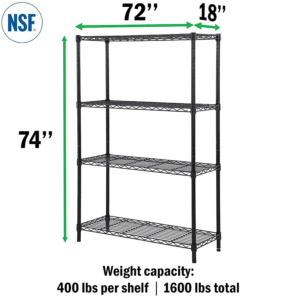 Regal Altair 4 Tier Black Epoxy Wire Shelving Kit | NSF Commercial Storage Rack Unit (18" Deep x 72" Wide x 74" High)