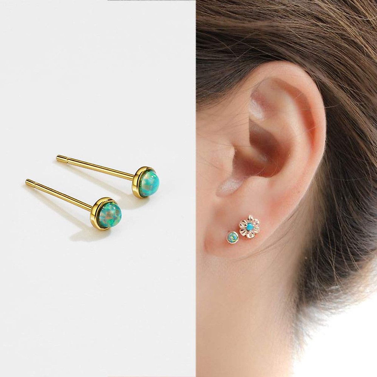 Sterling Silver Opal Stud Earrings for Women 18K Gold Plated Tiny Gemstone Stacking Earrings Birthstone Women's Earrings