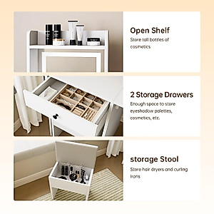 oneinmil Small Vanity Desk Set with LED Lighted Mirror & Power Outlet, Makeup Vanity Desk for Small Space, White Dressing Table with Fold-up Panel for Bedroom, 3 Lighting Modes