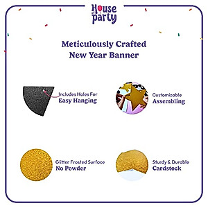 HOUSE OF PARTY New Year Paper Banner Pack - Cheers, Happy New Year, Triangle Banner - Silver Gold and Black Glitter New Years Decor NYE Decorations 2022