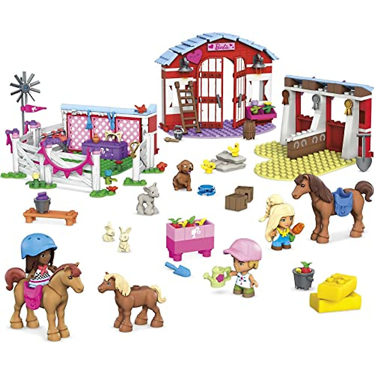 Mega Barbie Pets Horse Toy Building Set with 3 Micro-Dolls and Accessories, 9 Pets, Easy-to-Build Horse Stables Playset,