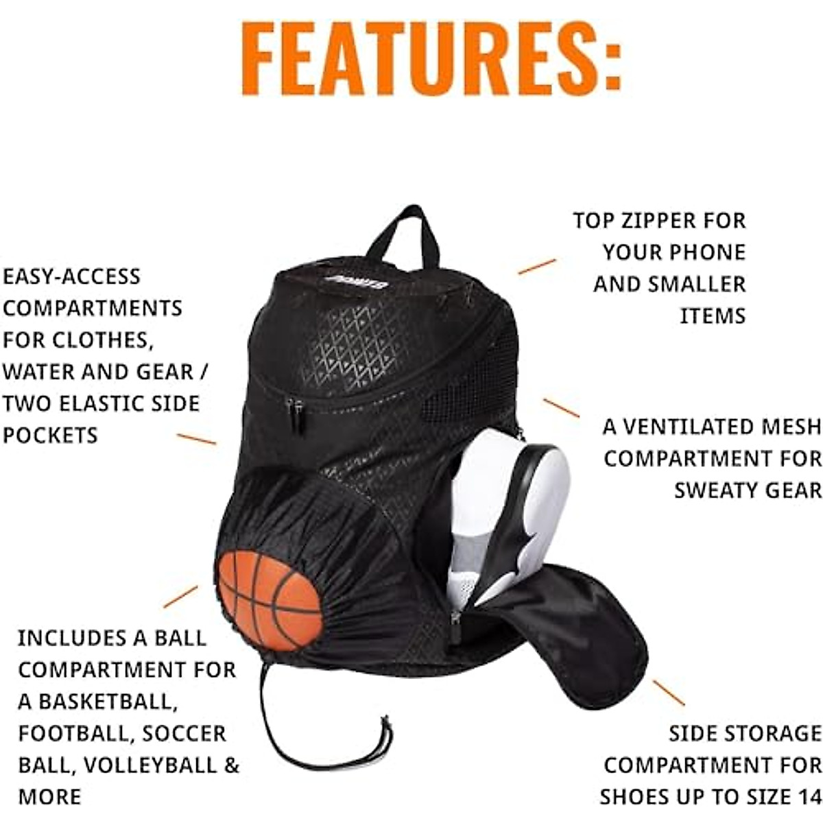 Point 3 Brooklyn Nets Road Trip 2.0 Backpack Basketball Backpack with Drawstrong Closure | Ventilated Mesh Shoe Pocket Compartment | Black