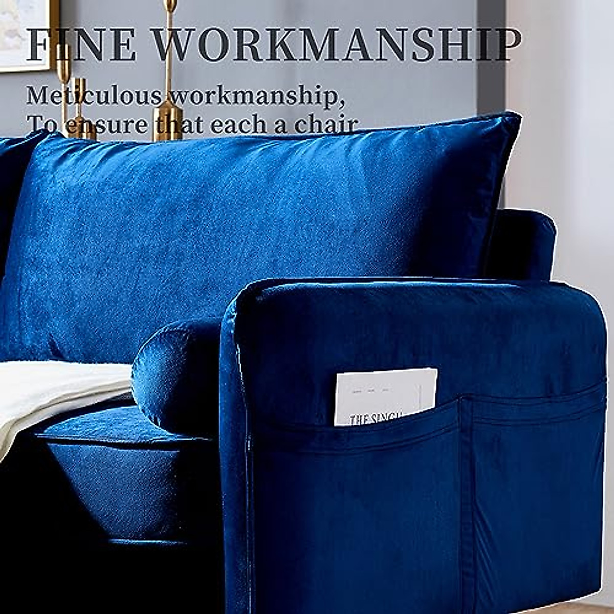 Imseigo 71” Velvet Loveseat Sofa, 3-Seater Sofa for Small Space, Mid Century Modern Futon Couch with Golden Metal Legs and Side Pocket, Small Couches for Living Room, Bedroom, Apartment (Blue)