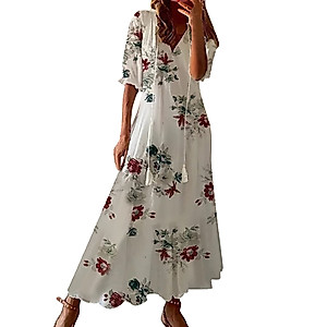 Cnebo Birthday Dresses for Women Sexy Plus Size New Women's Medium and Long Sleeve Dress with Tassels Wide Bohemian Print V White