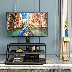 Tansole Swivel Floor TV Stand Height Adjustable Bracket Entertainment Stand for 32 to 65 Flat or Curved Screen Multi-Function TV Stand | 3-Tier BlackTempered Glass Multi-Function TV Stand