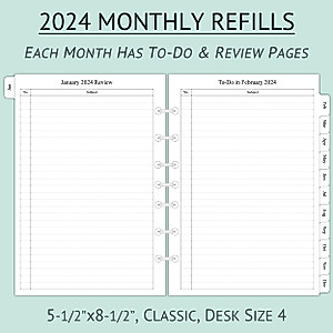 2024 Monthly Planner Refill 5-1/2" x 8-1/2", Runs from January 2024 to December 2024, Two Pages Per Month, Desk Size 4, 7-Hole Punched