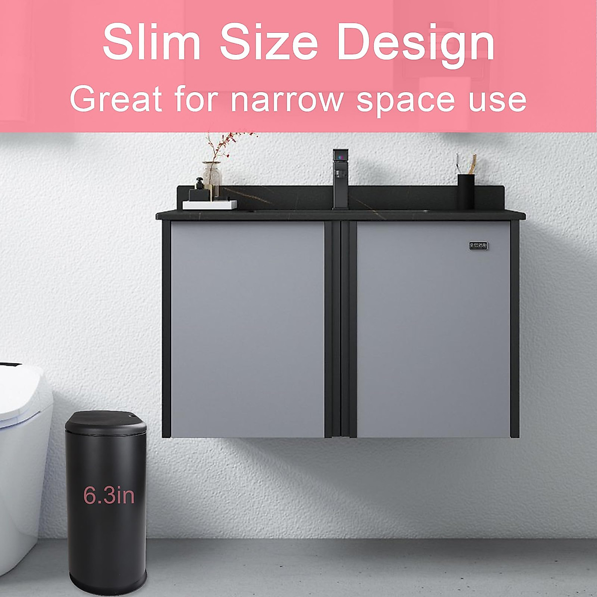 CYEAH Slim Bathroom Trash Can with Press Top Lid, 3.2 Gallon/12 Liter Bathroom Garbage Can, Black Small Trash Can with Lid for Bathroom, Kitchen, Living Room, Office and Narrow Spaces