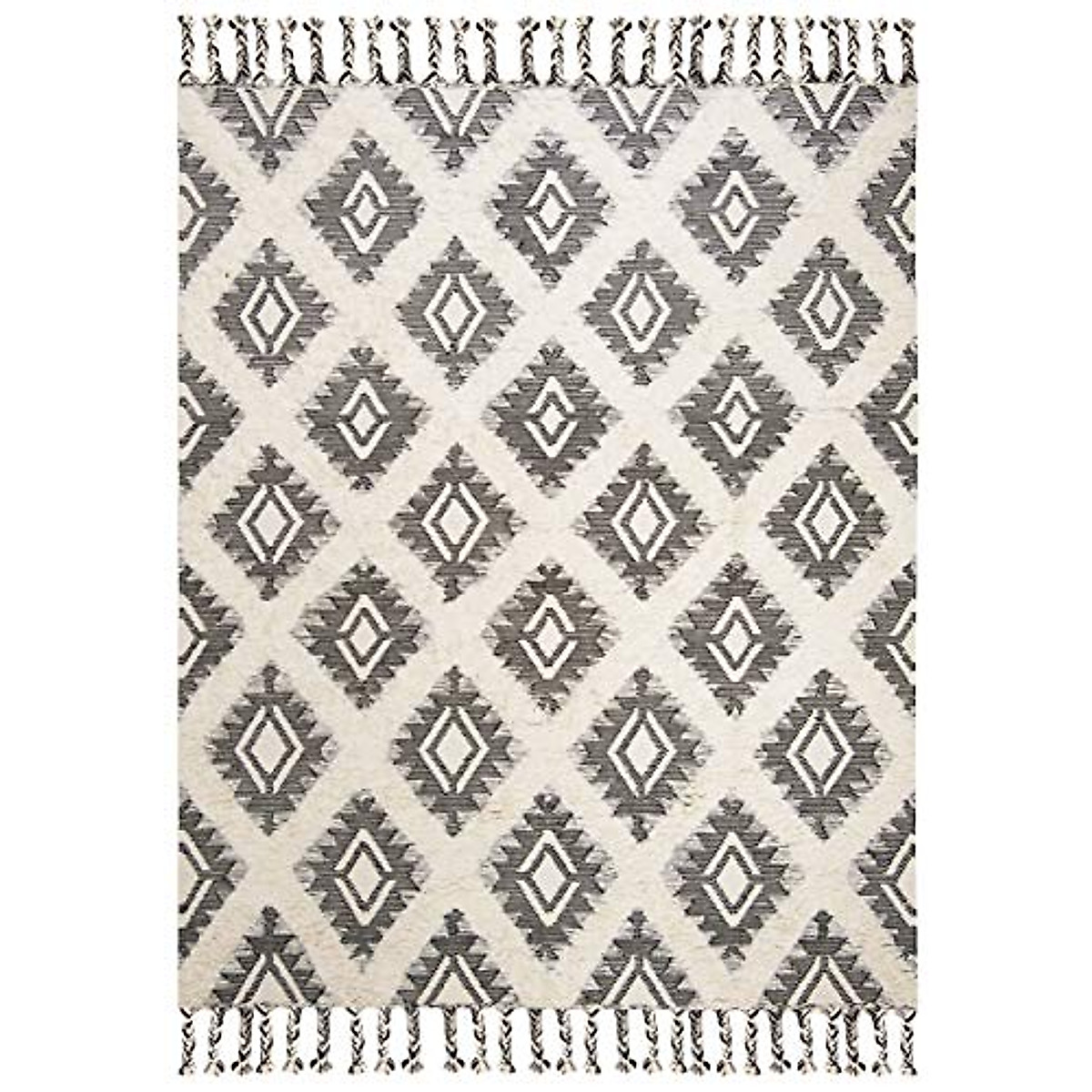 SAFAVIEH Kenya Collection Area Rug - 8' x 10', Black & Ivory, Hand-Knotted Moroccan Tribal Tassel Wool, Ideal for High Traffic Areas in Living Room, Bedroom (KNY910H)