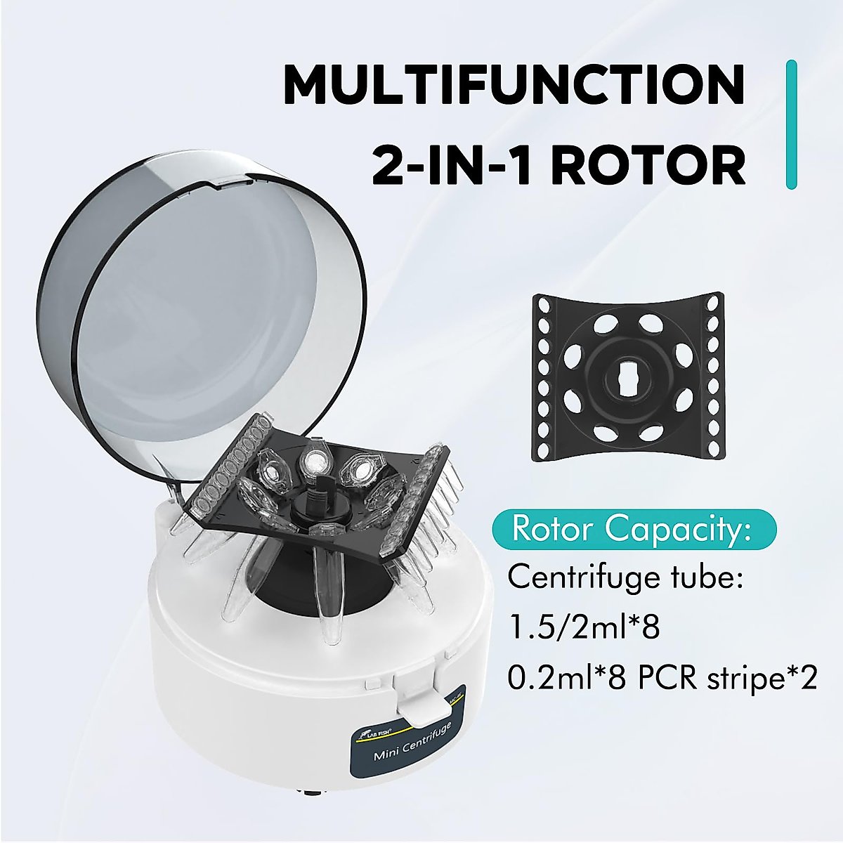 LAB FISH Mini Centrifuge Machine 4000 RPM,980 xg RCF,Lab Benchtop Microcentrifuge W/ 2-in1 Rotor for 0.2/1.5/2ml Capacity Scientific Test Tubes