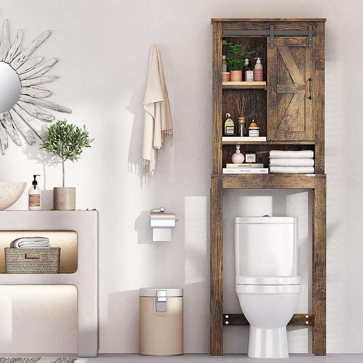Redlife Over The Toilet Storage with Cabinet, Bathroom Storage Organizer Above Toilet with Adjustable Shelf & Sliding Barn Door, Freestanding Space-Saving Storage Rack for Bathroom (Rustic Brown)