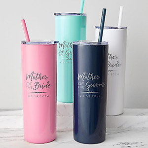 Lifetime Creations Engraved Personalized Mother of the Bride Tumbler, Skinny Stainless Steel Tumbler with Straw 20 oz, Custom Mother of the Bride Gift (White)