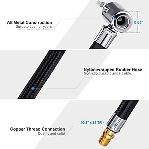LUMITECO 20 Inch Lengthened Tire Inflator Hose Adapter for Screw Twist On Convert to Lock On Connection, Lock On Air Chuck with Air Hose and Tire Schrader Valve Fine Thread